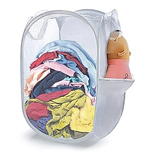 Mesh Pop Up Laundry Hamper - Foldable Laundry Basket with Durable Handles, Folding Mesh Laundry Basket for Dorm, Laundry Room, Bedroom, Rv(White)