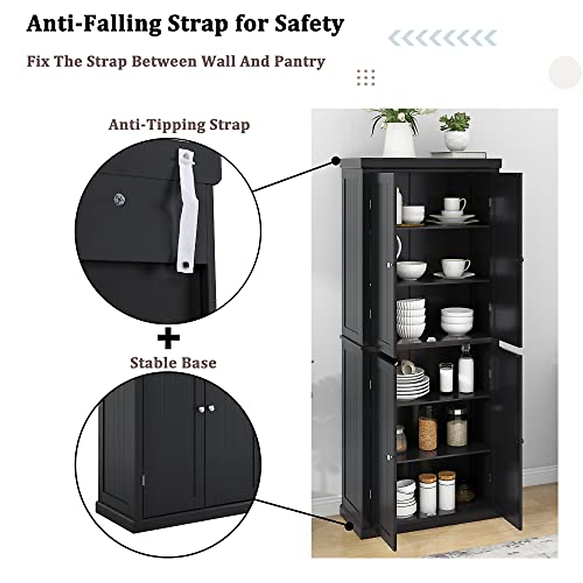 P PURLOVE 72.4" H Kitchen Pantry Cabinet with 4 Doors and Adjustable Shelves, Freestanding Tall Kitchen Pantry with 6-Tier Storage Space (Black)