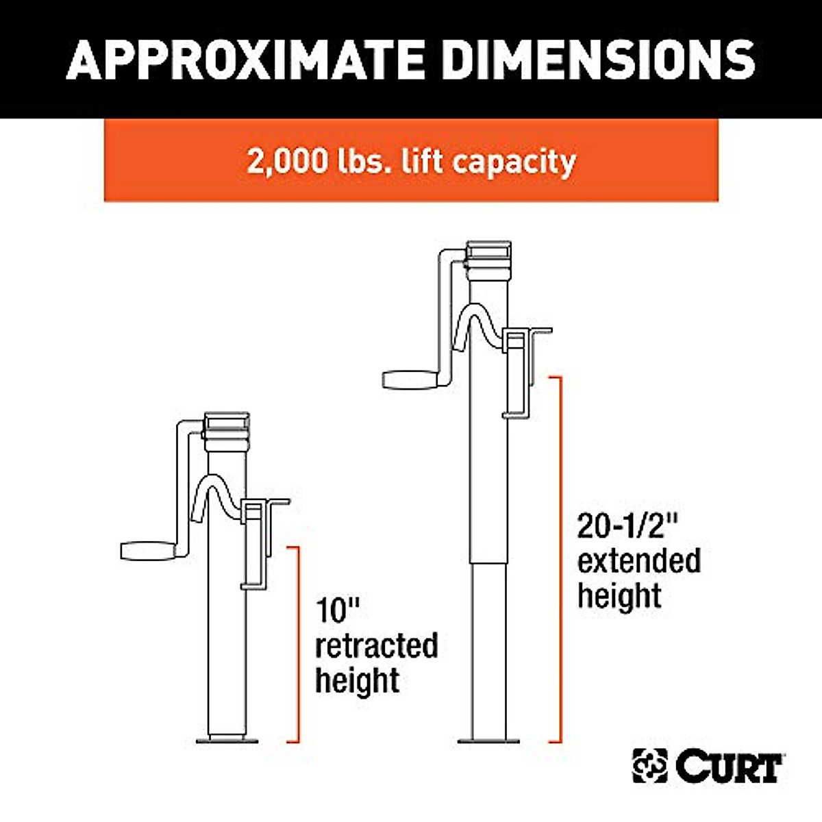 CURT 28302 Weld-On Bracket-Style Swivel Trailer Jack, 2,000 lbs. 10 Inches Vertical Travel