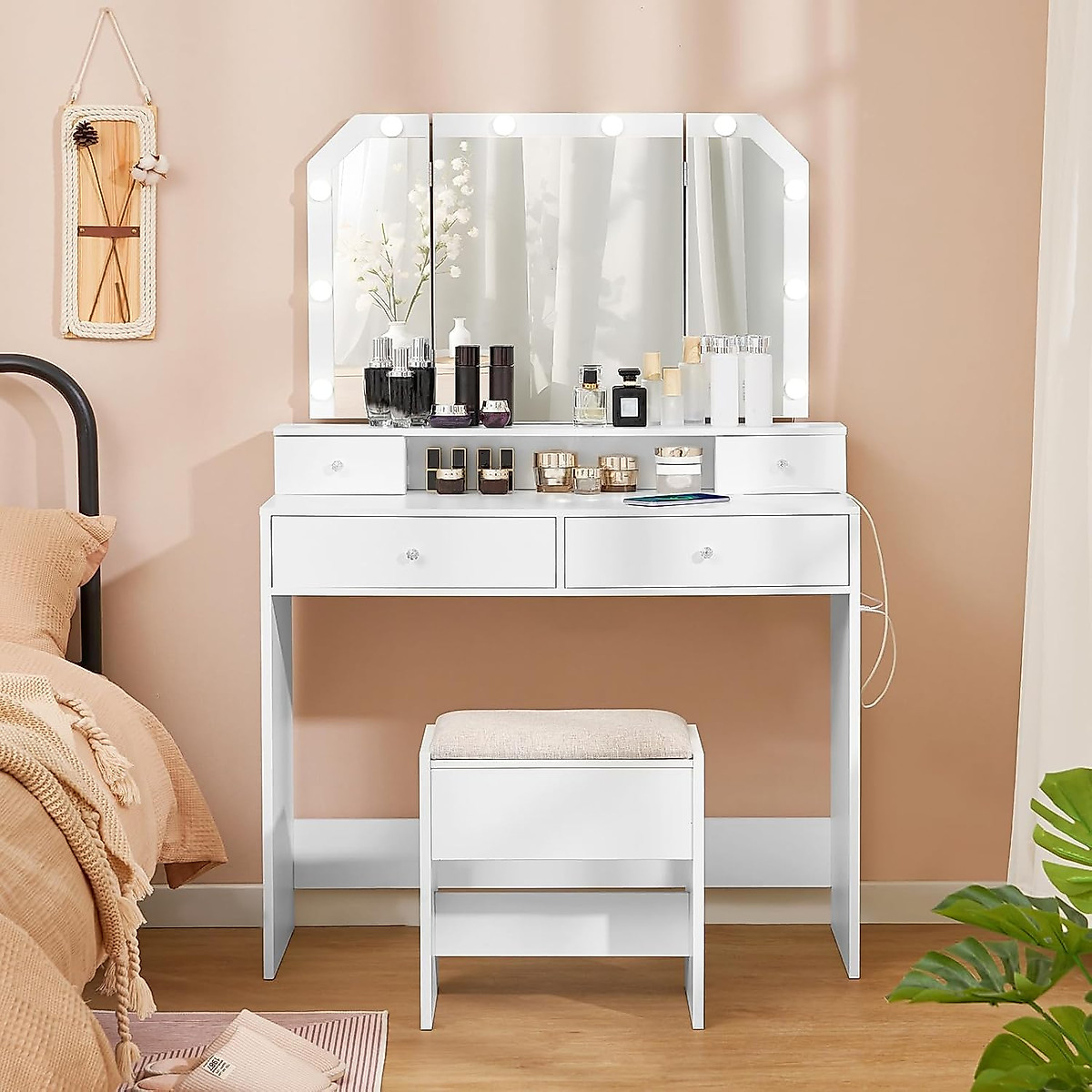 Quimoo Vanity Desk Set with LED Tri-Fold Lighted Mirror & Power Outlet, Makeup Vanity Table with 4 Drawers, Cushioned Stool, for Bedroom, Bathroom, White
