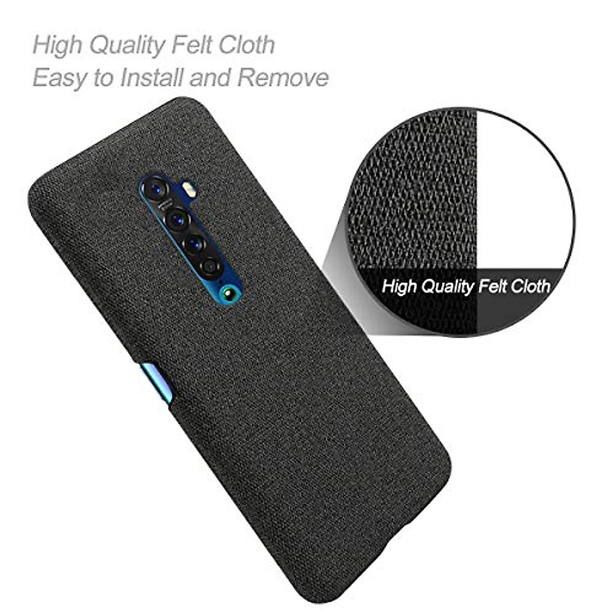 LUSEHNG Case for Oppo Reno2, Solid Color Canvas Smartphone Cover for Oppo Reno2, Slim Duaable Lightweight - Black