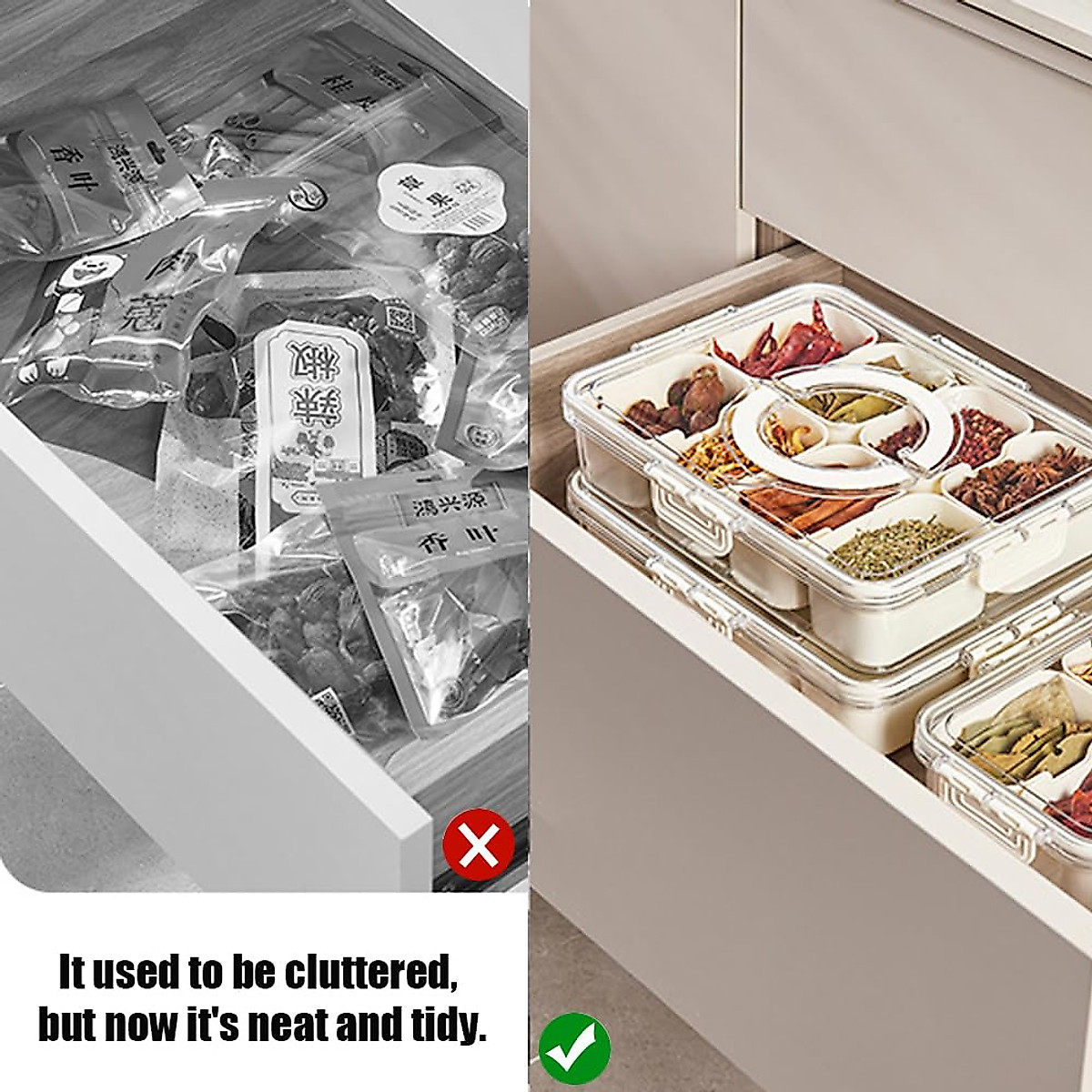 Mimeile Plastic Seasoning Organizer Box Spice Storage Containers Snack Condiment Food Holder 8 Compartment with Sealing Lid Handle Divided Serving Tray for Kitchen Cabinet Pantry Refrigerator