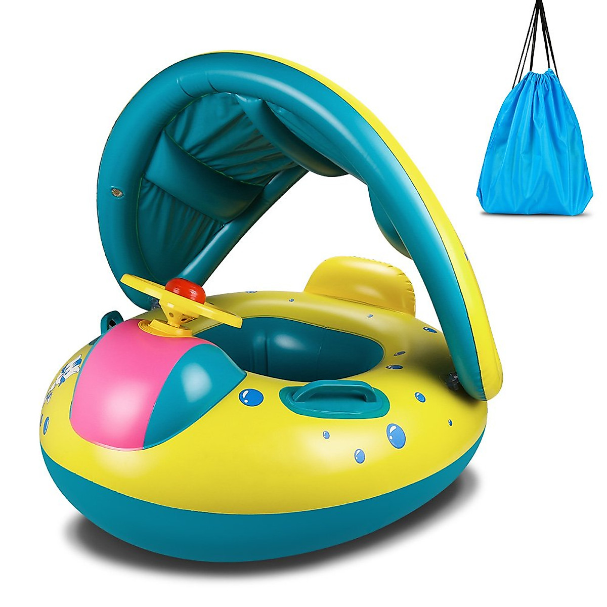 Baby Pool Float, Topist Baby Inflatable Swimming Ring with Adjustable Sun Shade CaBaby Pool Float, Rinopy Safety Seat for Age 6-36 Months Toddlers with Carry Bag