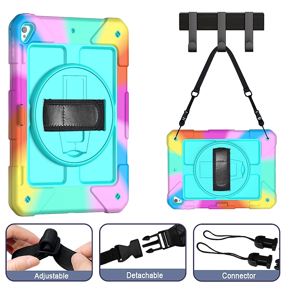 LTROP Protective Cover Case for iPad 6th/ 5th Generation & iPad Air 2 Case, iPad 9.7 Inch Case with Shoulder Strap Pen Holder Swivel Stand, Aqua Teal