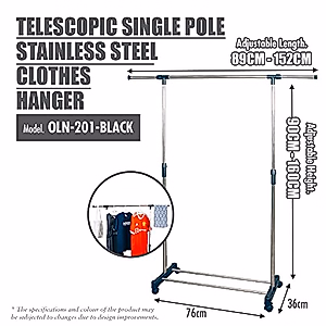 HOUZE - Rolling Clothes Rack for Hanging Clothes, Stainless Steel Coat Rack with Wheels, Heavy Duty Freestanding Garment Rack for Organizing Closet/Wardrobe, Ideal Clothes Organizer - Single Pole