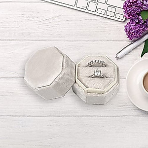 Velvet Ring Box Hexagon- Gorgeous Vintage Double Ring Display Holder with Detachable Lid for Proposal, Engagement, Wedding, Ceremony
