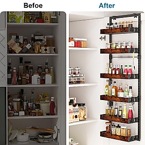 bukfen Over the Door Pantry Organizer, 6-Tier Adjustable Wooden Basket Kitchen Pantry Door Organization and Storage, Heavy-Duty Metal Hanging Kitchen Spice Rack,D6.3 x W17.71 x H50.60 inch,1 Pack