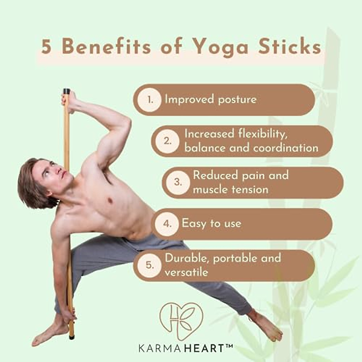 Karma Heart Yoga Stick - Stretch Bar - Natural Bamboo 5ft Mobility Stick for Strength and Flexibility - Versatile and Durable Posture Stick - Stretch Stick Mobility Expansion - Exercise Stick