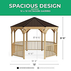 Yardistry 12' Meridian Octagon Cedar Gazebo with Aluminum Roof for Patios, Decks, Garden, Backyard, Durable
