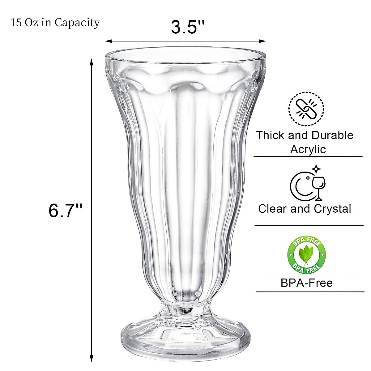 Mezchi 6 Pack Acrylic Milkshake Glasses, 15 OZ Clear Old Fashioned Soda Glass, Shatterproof Footed Ice Cream Cups, Plastic Pina Colada Fountain Glasses, Great for Juice, Tropical Drinks, Party