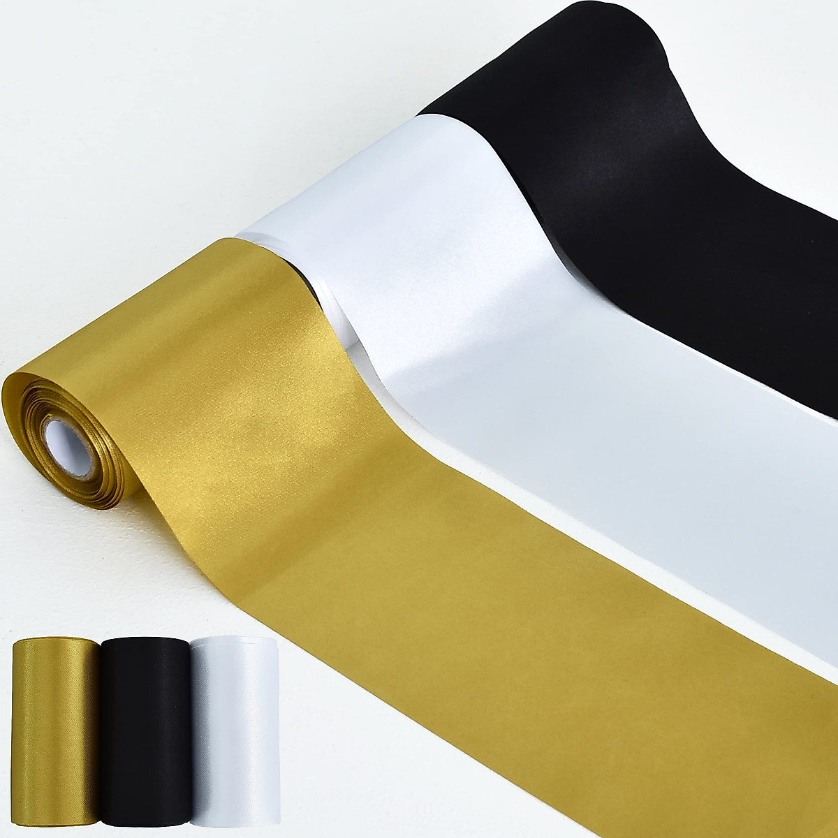 TONIFUL 3 Rolls 4 Inch Wide Ribbons, Black Gold White Satin Ribbons Set for Cutting Sewing Wedding 40th 60th 80th Birthday Party Decoration, Chair Sash Table Runner Outdoor Yard, Graduation Party