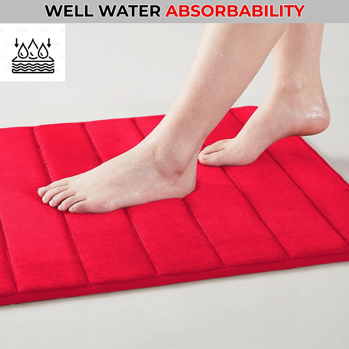 Yafa Home Fashion 2 Piece Striped Design Embossed Solid Color Memory Foam Soft Bathroom Rug Set Non-Slip PVC Backing