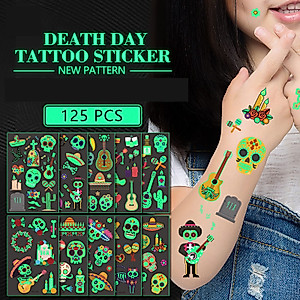 Day of the Dead Luminous Halloween Temporary Tattoo for Kids Adults, 125PCS Waterproof Fake Face Tattoos, Body Stickers Decorations Glow in the Dark, Makeup Party Favors Supplies Decor Boys Girls