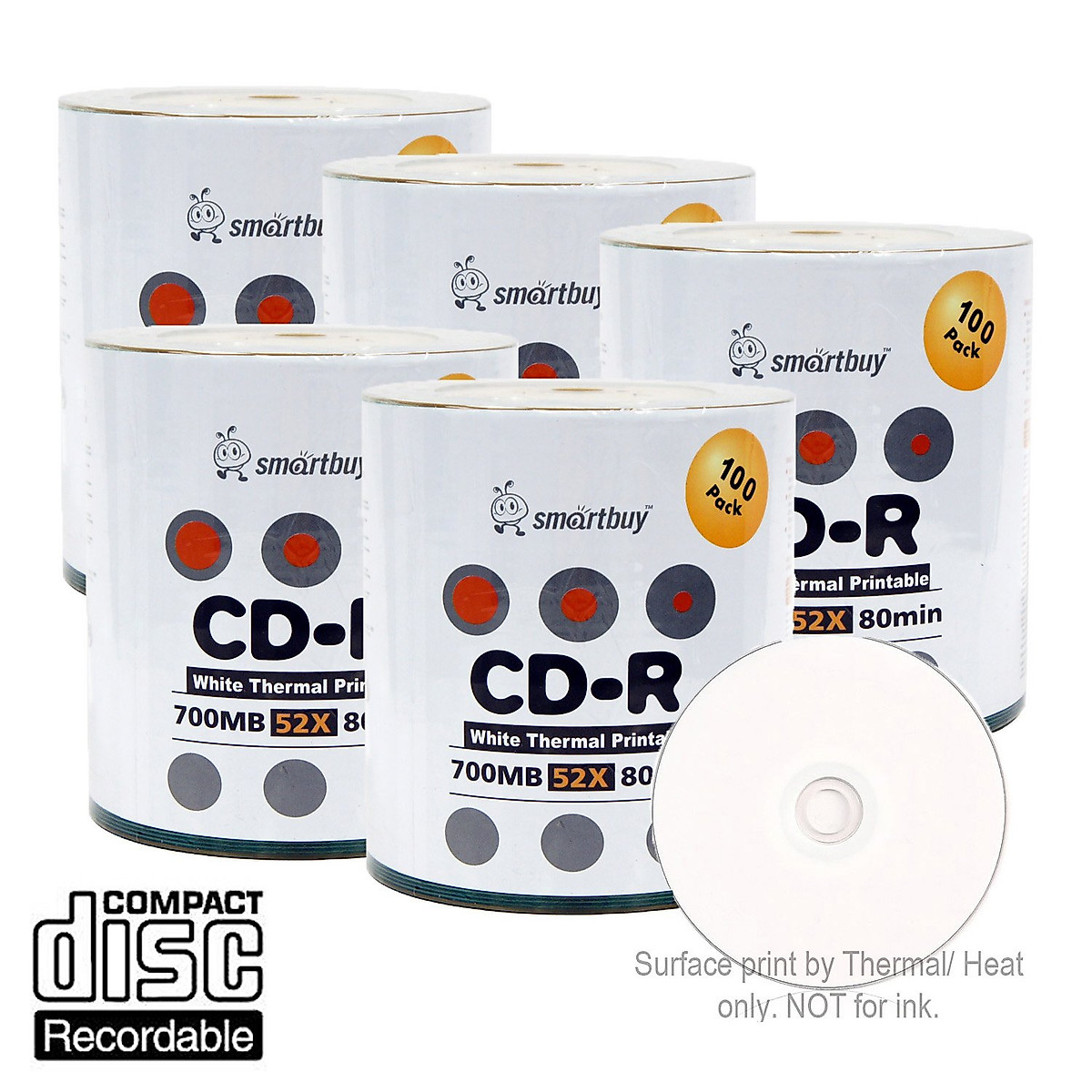 Smart Buy CD-R 500 Pack 700mb 52x Thermal Printable White Blank Recordable Discs, 500 Disc, 500pk
