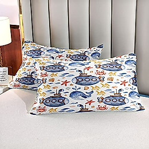 JIJIWANG Submarine Ocean Queen Flat Sheet Sets Kids with 2 Pillowshames Fish Conch Starfish Print Ocean Fitted Sheet Sets Boys Girls Sealife Bedding Sheets Soft Polyester