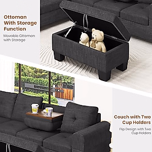 AWQM Modular Sectional Sofa with Ottoman, Fabric L-Shaped Couch with Chaise & Cup Holders, Living Room Furniture Sets Sectional Sofa Set, 6 Seat Corner Couch Sofa for Living Room, Apartment