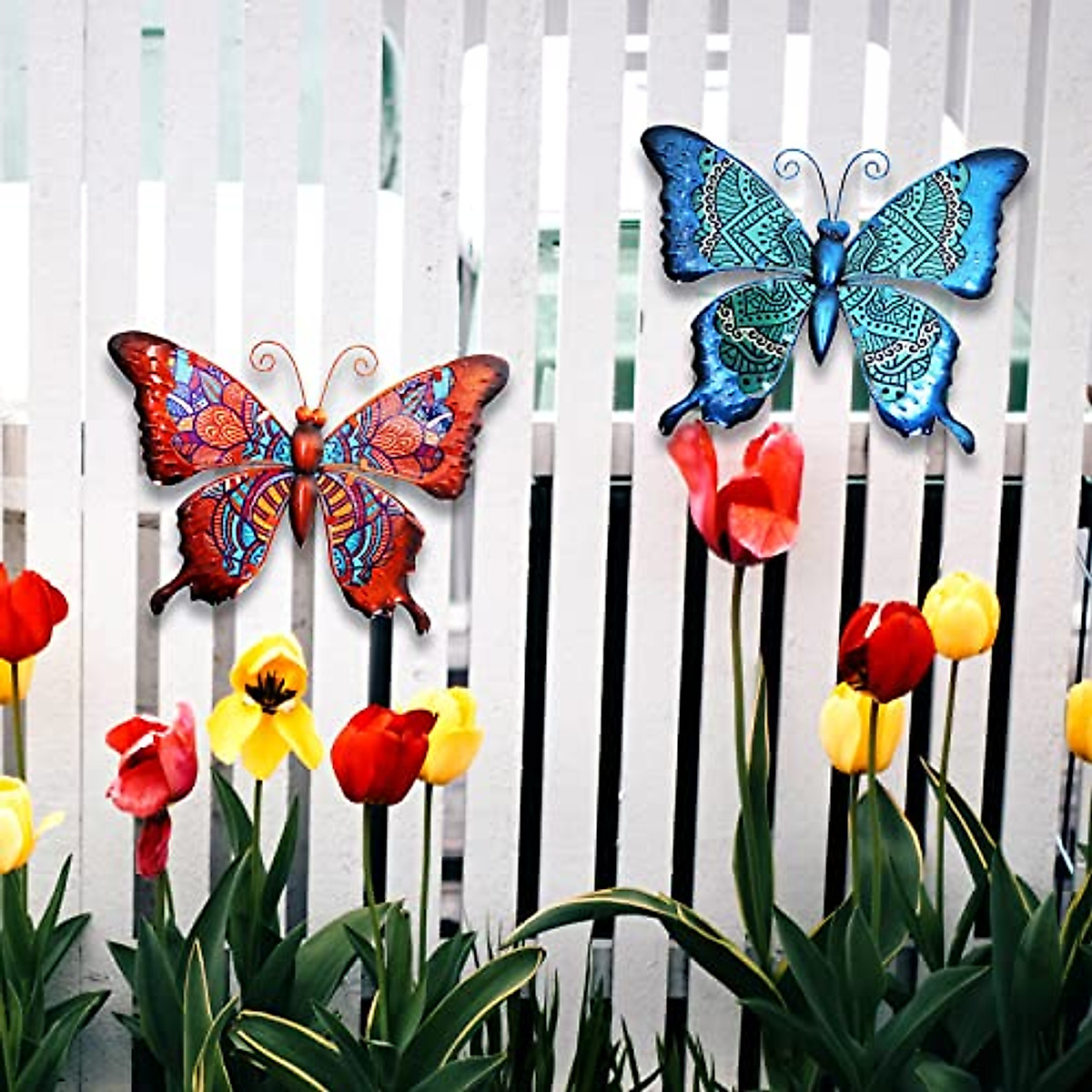 HONGLAND Metal Butterfly Wall Decor Indoor Outdoor Wall Art Metal Glass Butterfly Sculptures 2 Pack for Home Garden Fence Patio
