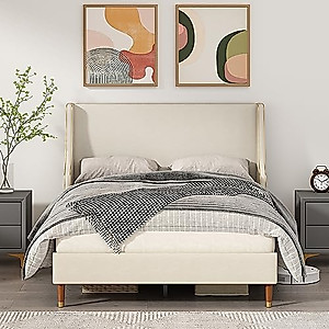 QNZK Upholstered Platform Bed Frame with Linen Headboard, Golden PVC Material Edge, Metal Frame Wooden Slat Support, No Box Spring Needed, Wood Foot Easy to Assemble & Noiseless (Beige, Full)