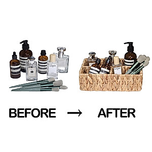 Ellinia Wicker Coffee Station Desk Coffee Pod Organizer, Divided Storage Basket Container with 5 Sections, Water Hyacinth Baskets, Tea Bag/Sugar Packet Holder, Basket for Drawer Organizing