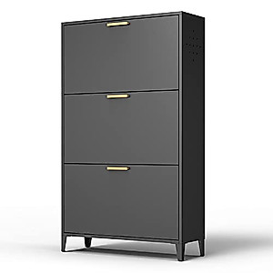 Lin-Utrend Shoe Cabinet with Adjustable Shelves Freestanding Shoe Storage Cabinet with 3 Flip Drawers Bucket,Shoe Cabinet for Entryway, Shoe Organizer Cabinet for Entryway Hallway Bedroom (Black)