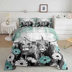 Highland Cow Bedding Comforter Sets Cowboys Gift for Men Boys, Bull Cattle Wildlife Bedding Set Western Farmhouse Comforter Set, Daisy Rustic Flowers Quilt Teal Graffiti Ombre Art Duvet Insert Queen