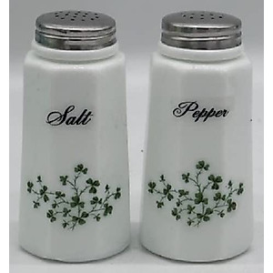 Milk Glass Salt & Pepper Shaker Set w/Shamrocks - Paneled Pattern - USA