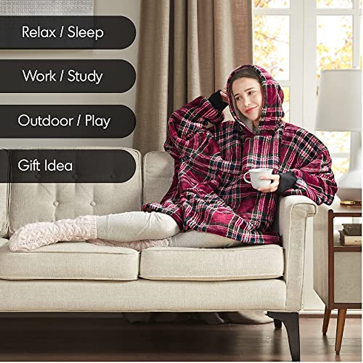 DEGREES OF COMFORT Original Sherpa Wearable Blanket Hoodie, Oversized Hooded Sweatshirt Blankets, One Big Size Fits All, 38x32 Red Plaid