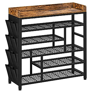 EnHomee Shoe Rack for Entryway, Adjustable 6-Tire Metal Shoe Shelves for 20-24 Pairs,All Metal Structure Shoe Storage Organizer for Entryway, Wood Top, Side Pockets, Shoe Shelf, Rustic Brown and Black