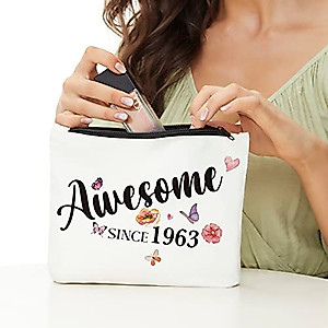 JIUWEIHU 60th Birthday Gifts for Women, 60th Birthday Decorations Present for Women - 60 Year Old Birthday Gift Ideas for Wife Mom Sisters, Friends, Coworker, BFF -Awesome Since 1963 Makeup Bag