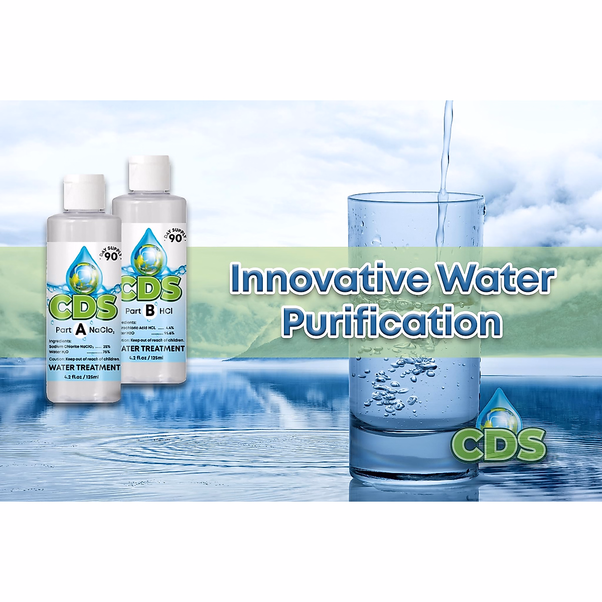 CDS Set, Chlorine Dioxide Water Treatment 8 oz KIT, w | Accu-Drop lids | Sodium Solution w/ 4% HCL, Extra Large Bottle KIT by CDS