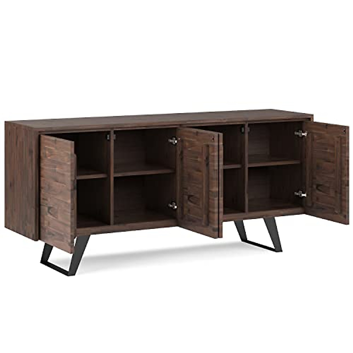 SIMPLIHOME Lowry SOLID ACACIA WOOD 66 Inch Wide Modern Industrial Large 4 Door Sideboard Buffet in Distressed Charcoal Brown, For the Dining Room and Kitchen