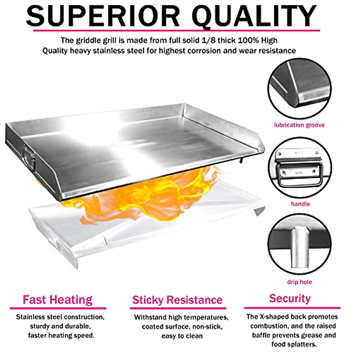 Minneer 100% Stainless Steel Universal Griddle with Even Heat Cross Bracing and Integral Handles for Charcoal/Gas Grills, Camping, Tailgating, and Parties (32" - 18")