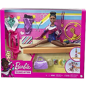 Barbie Gymnastics Playset with Doll and 15+ Accessories, Twirling Gymnast Toy with Balance Beam, Brunette Doll