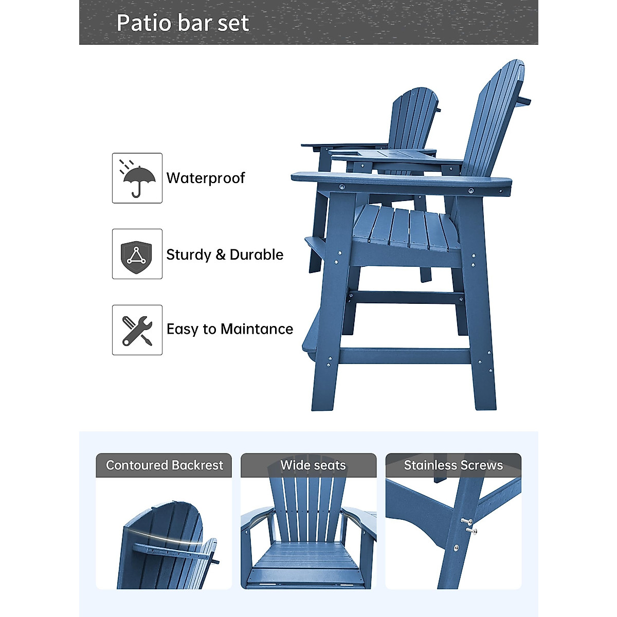 Aoorun 51.9''Poly Patio Chairs bar Height，high Outdoor Chairs Table hdpe, Tall Adirondack Set for 2 (30.7" D x 27.9" W) - Navy Blue