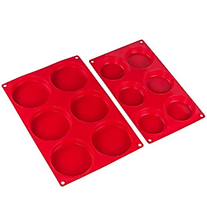 Webake Silicone Molds for 3 Inch and 4 Inch Round Disc Pan for Cake, Muffin Top, Bun, Custard, Tart, Resin Coaster, 6 Cavity, Red Set of 2