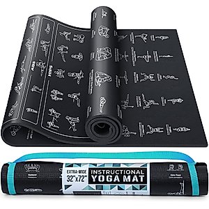 Instructional Yoga Mat with Carrying Strap: Cute Yoga Mat with 75 Illustrated Yoga Poses + 75 EasilyFollowed Stretching Exercises 14” Thick, NonToxic, NonSlip Yoga Mats for Women and Men (Jet