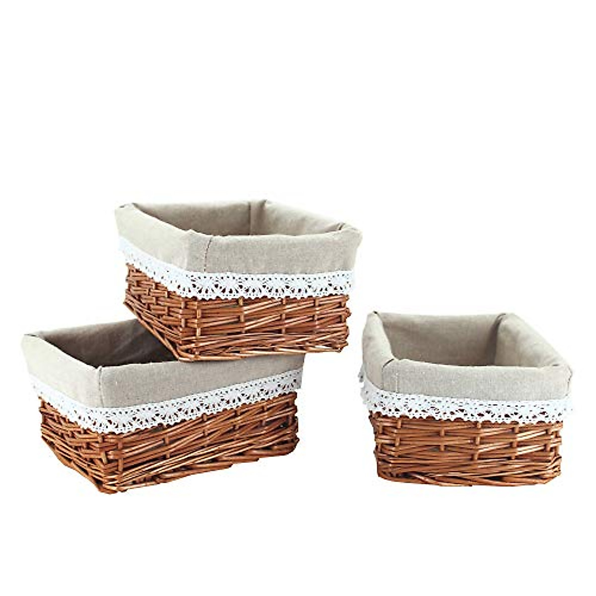 KINGWILLOW Wicker Storage Basket with Liner 3pcs Small Willow Rectangular Handmade Basket for Sundries neatening, (3pcs)