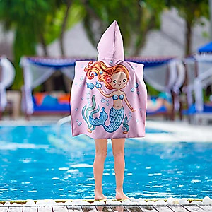 Kids Mermaid Beach Towel with Hooded for Girl 1-6 Years | Baby Toddler Bath Towel for Pool Swiming Hood | Children Microfiber Towel, Pink