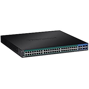 TRENDnet 52-Port Gigabit Web Smart PoE+ Switch, 48 Gigabit PoE+ Ports, 4 Shared Gigabit Ports (RJ-45 Or SFP), 370W PoE Power Budget, 104Gbps Switching Capacity, Lifetime Protection, Black, TPE-5240WS
