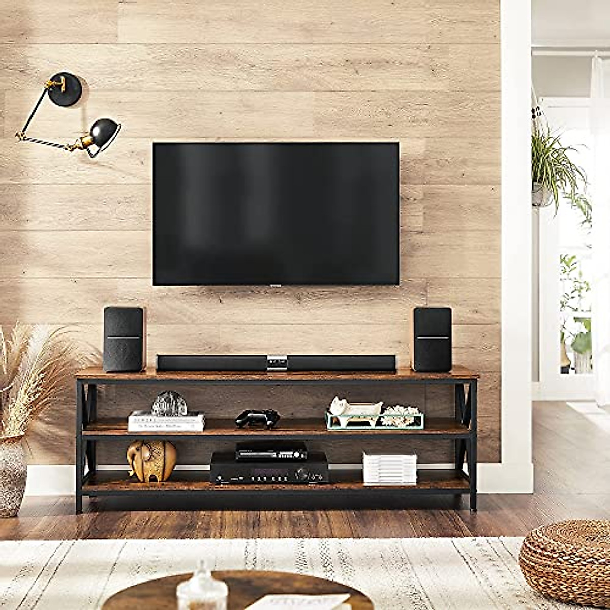 VASAGLE TV Stand for up to 65 Televisions, Media Console with Shelves, 3-Tier Storage, and X-Shape Steel Frame, 57.9 x 15.7 x 19.7 Inches, Rustic Brown