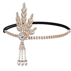 GORTIN 1920's Flapper Headband Leaf Rhiestones Headpiece Pearl Tassel Bride Wedding Headdress Head Bands Bridal Flapper Hair Accessories Head Chain for Women and Girls (Gold)