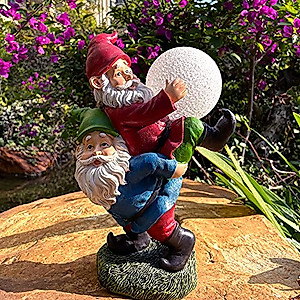 Raywer Solar Powered 2 Gnomes Playing with Ball , Decorated Solar Light, Garden Decorations Statues , Garden Light Decor for Lawn Ornaments, Resin Garden Figurines (2 Gnomes with a Glass Ball)