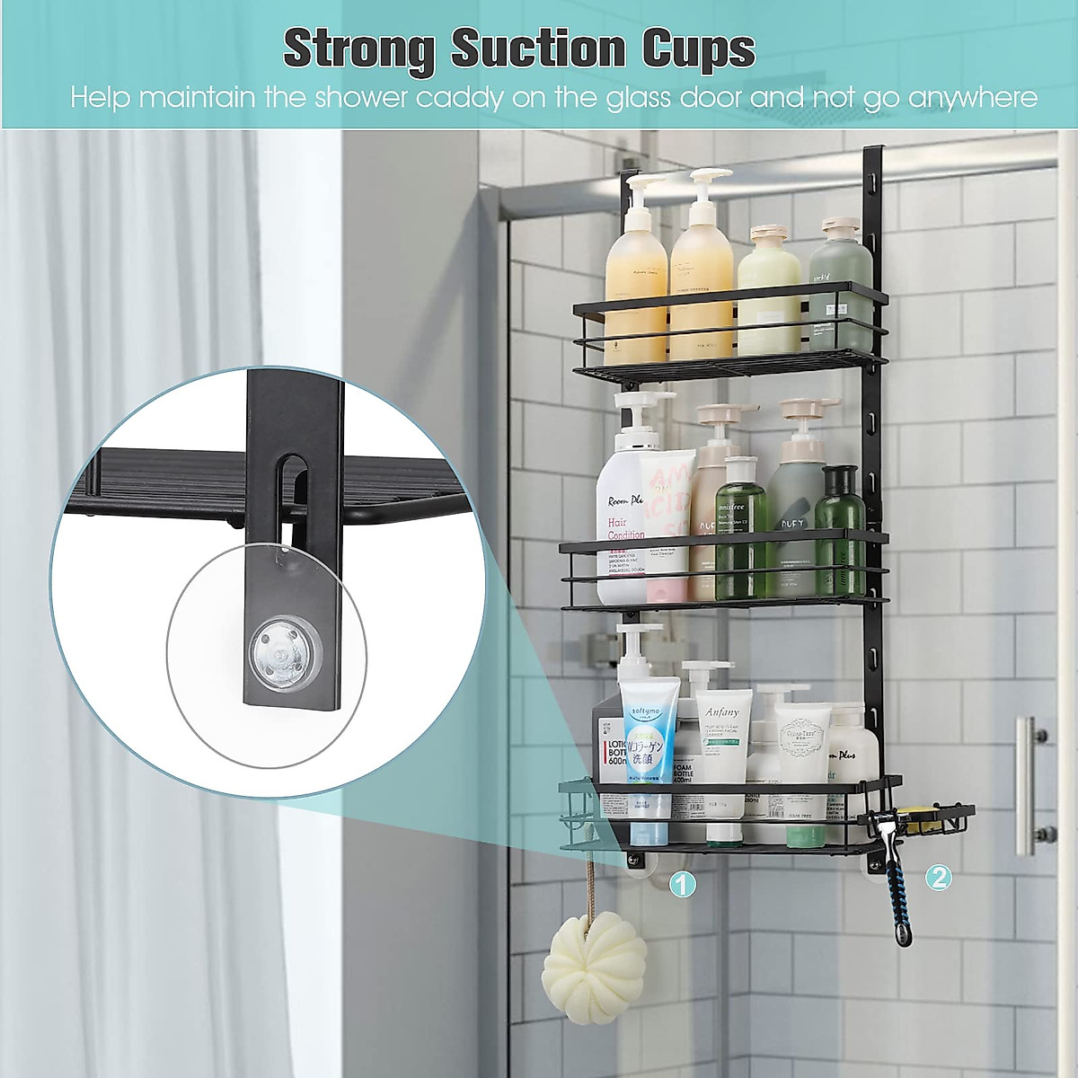 Tuenort Over the Door Shower Caddy, Adjustable Hanging Shower Shelves Rustproof with Hook, Shampoo Holder Bathroom Organizer Shelf with Soap Holder for Inside Bathroom and Kitchen Storage, Black
