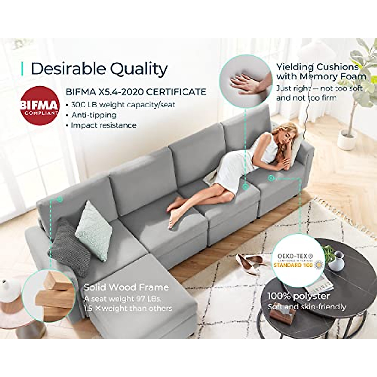 LINSY HOME Modular Sectional Sofa, Convertible L Shaped Sofa Couch with Storage, Memory Foam, Modular Sectionals with Ottomans, 5 Seat Sofa Couch with Chaise for Living Room, Grey