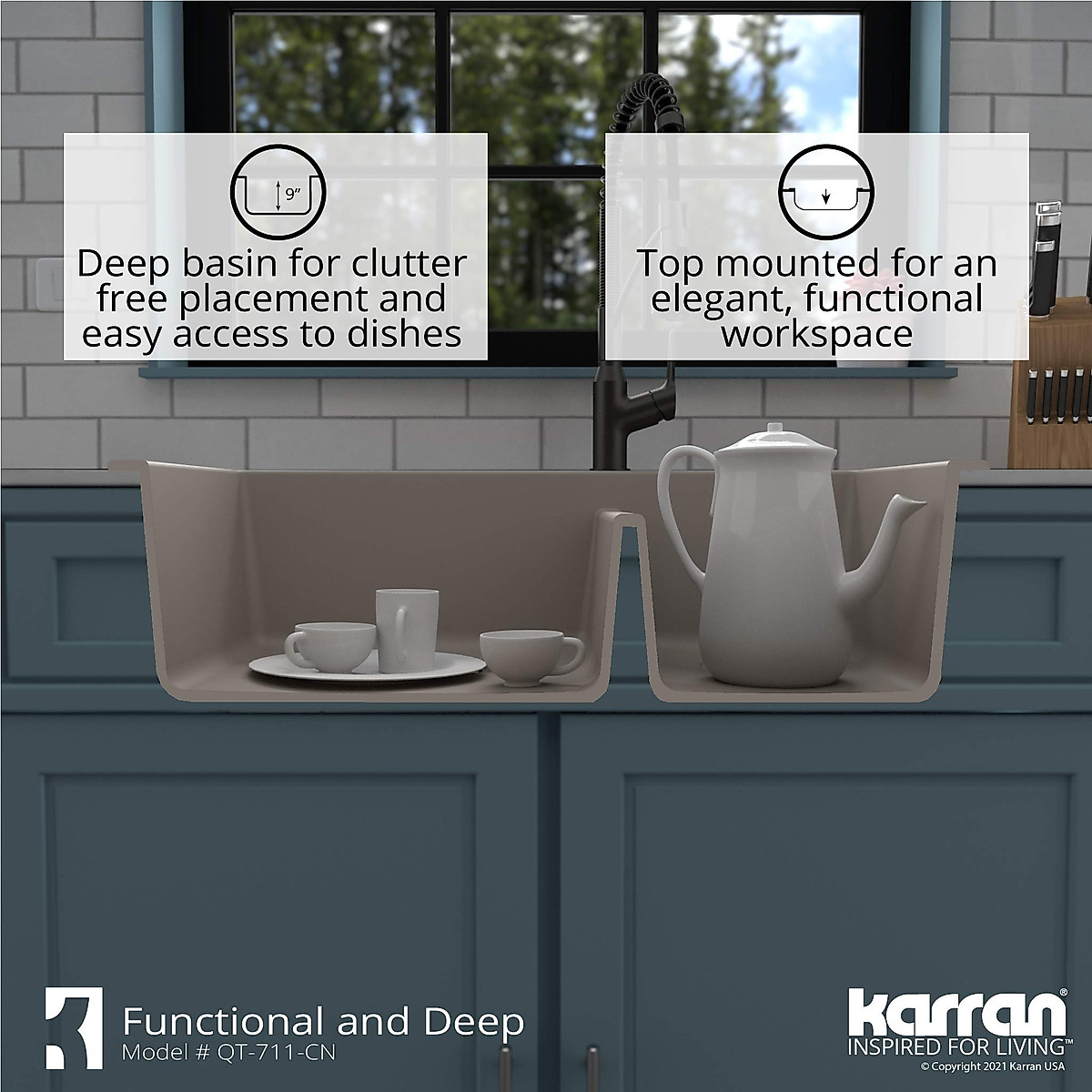 Karran QT-711 Drop-In Quartz Composite 33 in. 1-Hole 60/40 Double Bowl Kitchen Sink Kit in Concrete