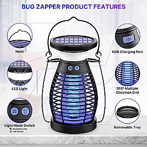 Bug Zapper Outdoor Indoor, Rechargeable Mosquito Zapper Waterproof, Electric Insect Fly Zapper with Reading Lamp, Insect Killer Lamp Can Attract Gnats, Mosquitoes, Flies, Moths