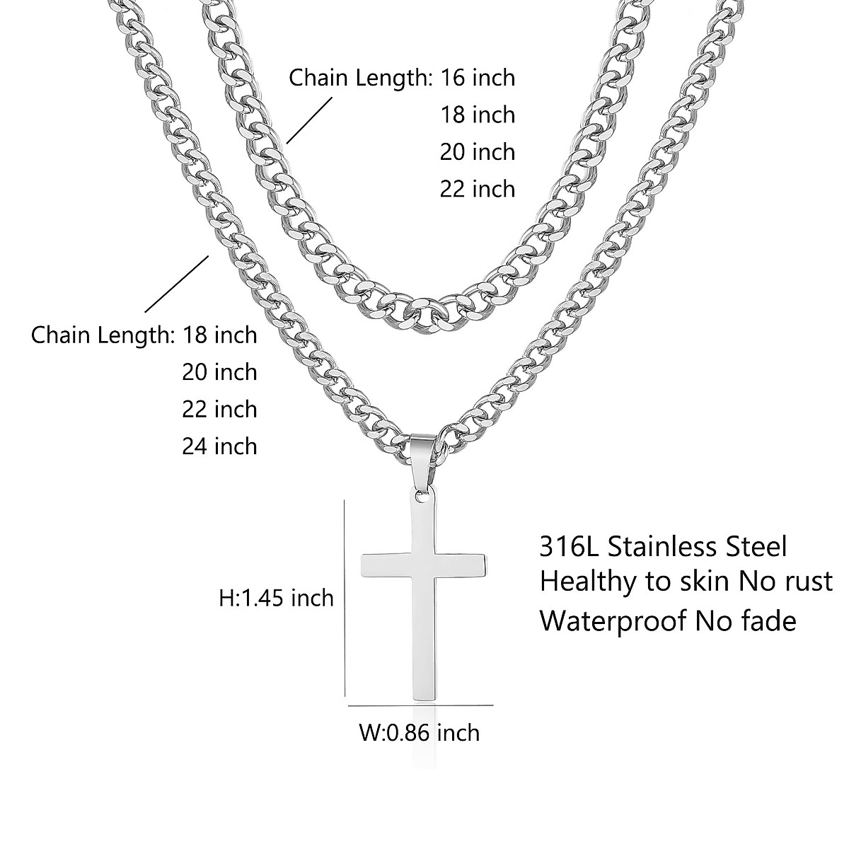 SENRAN Layered Cross Necklace for Men Boys Stainless Steel Layered Cuban Link Chain 16-24 inch Christian Cross Pendant Religious Jewelry Gifts(S-18-20)