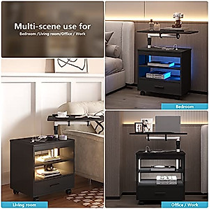 dnbss LED Nightstand with Charging Station & Sockets, Smart Bedside Table, Modern Night Stand for Bedroom, Large Side End Table, 360° Laptop Tray Workstation, Drawer, Open Shelf, Wheel (Black)