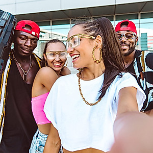 Epakh Hip Hop Woman Costume Kit Including Fanny Packs Transparent Sunglasses Faux Gold Rope Chain and Round Hoop Earrings (Rose Gold)