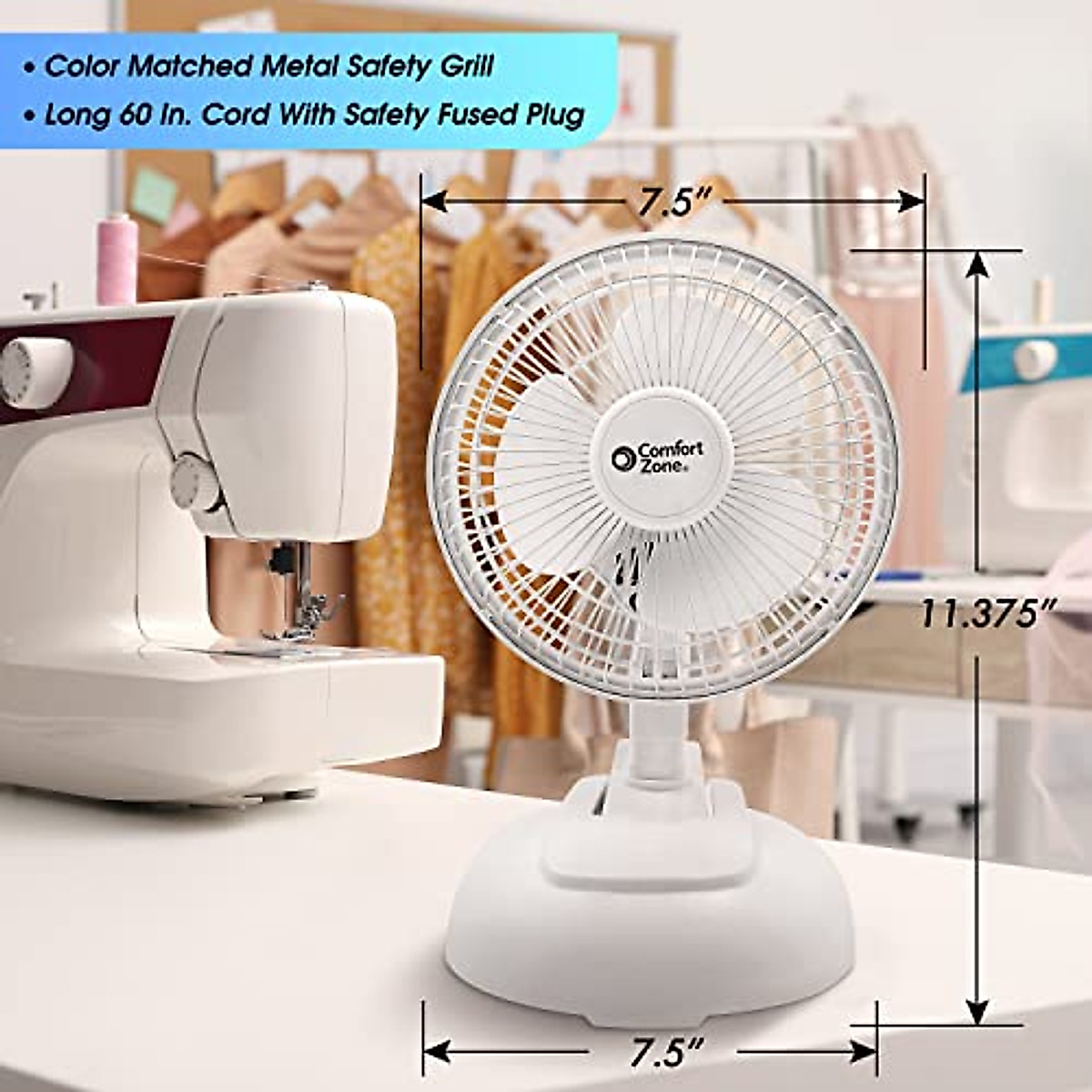 Comfort Zone CZ6XMWT 6” 2-Speed Combo Clip or Desk Fan with Removable Base, Strong Clamp for Firm Grip, Suitable for Bedroom, Office, or Dorm Room, White